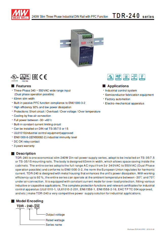 Meanwell TDR-240-24 24V 10A DIN Rail Power Supply. Three Phase Input.